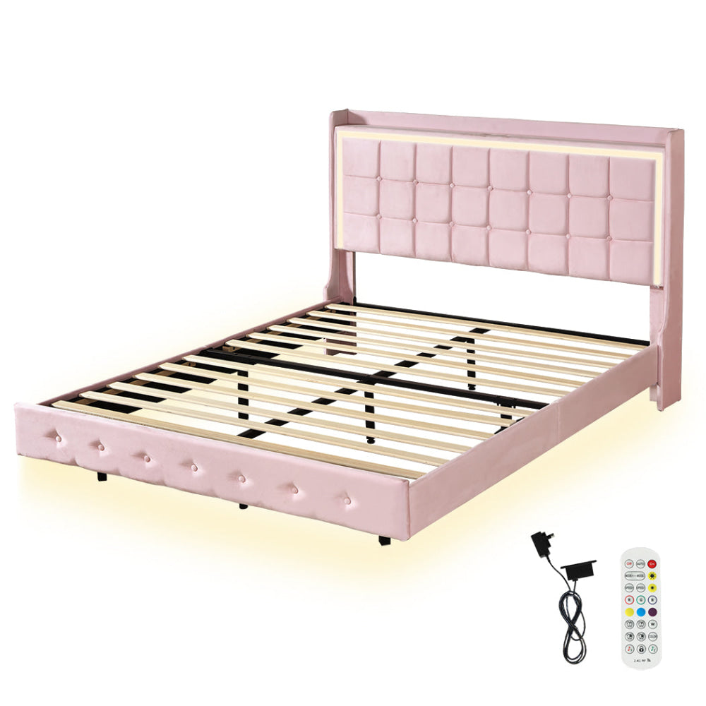 Momentous Living - Double Floating Bed Frame with RGB LED Lights USB ...