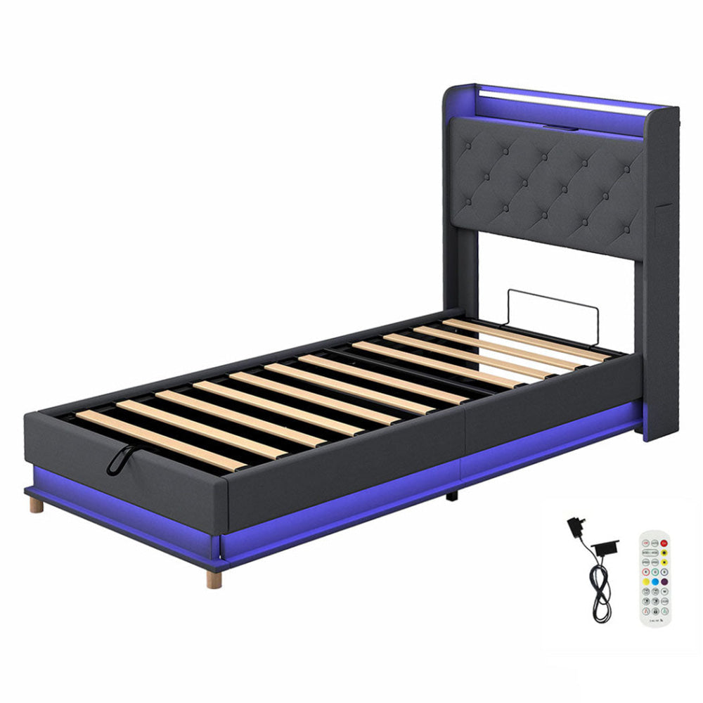 Momentous Living - Levede Single Bed Frame Gas Lift Storage LED Light ...