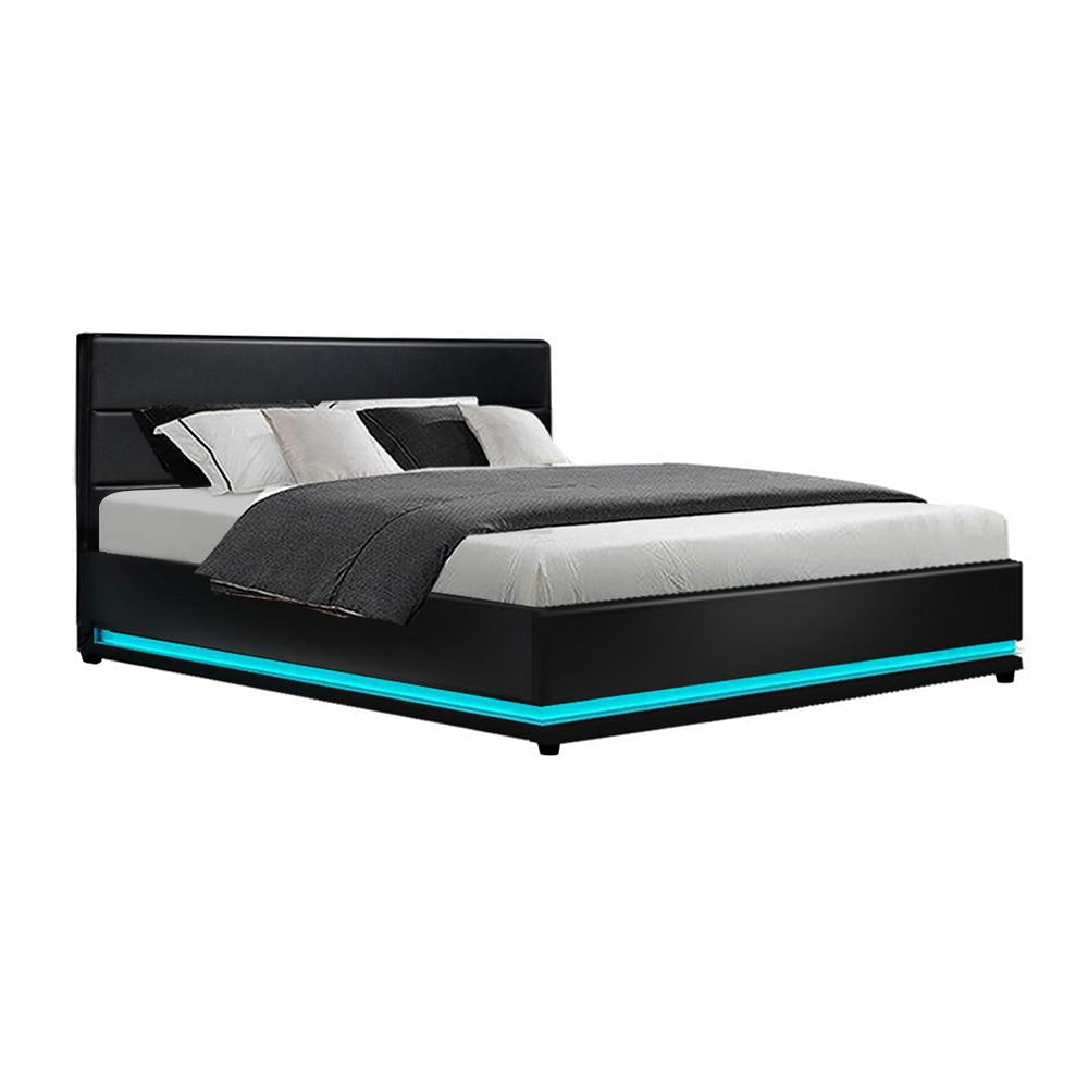 Momentous Living - Lumi LED Bed Frame PU Leather Gas Lift Storage ...