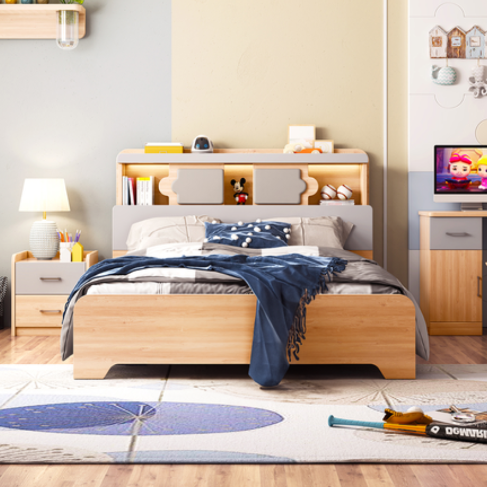 Momentous Living - Scandinavian Wooden Bed Frame Built-In LED W/ Bed ...